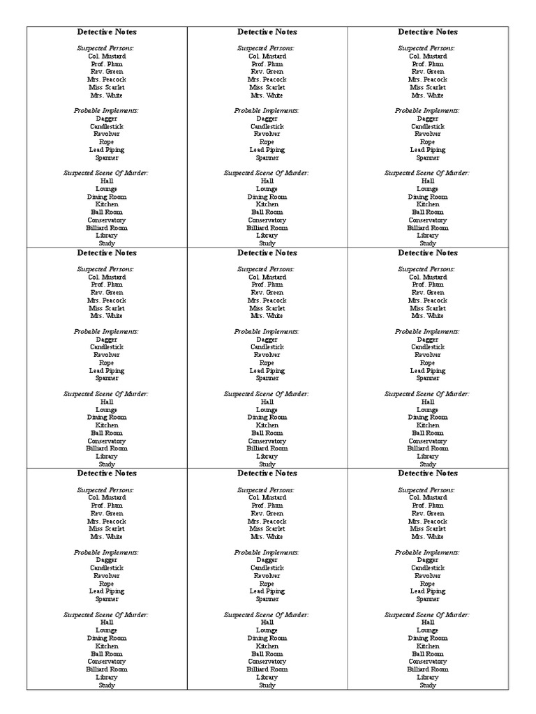 Cluedo - Detective Notes | PDF | Hasbro | Games Of Chance