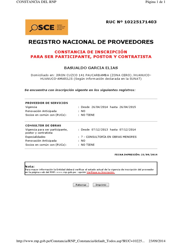 Constancia RNP Basualdo García Elías | PDF