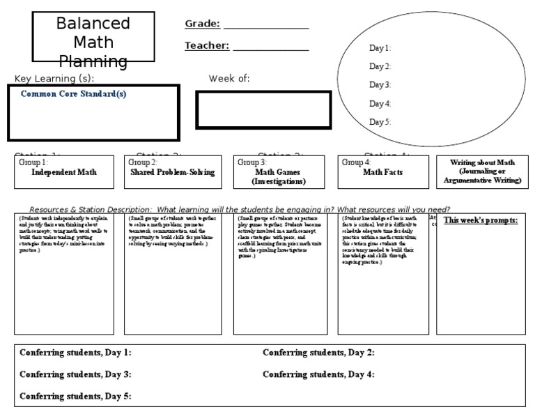 Balanced Math Planning: Key Learning (s): Week of