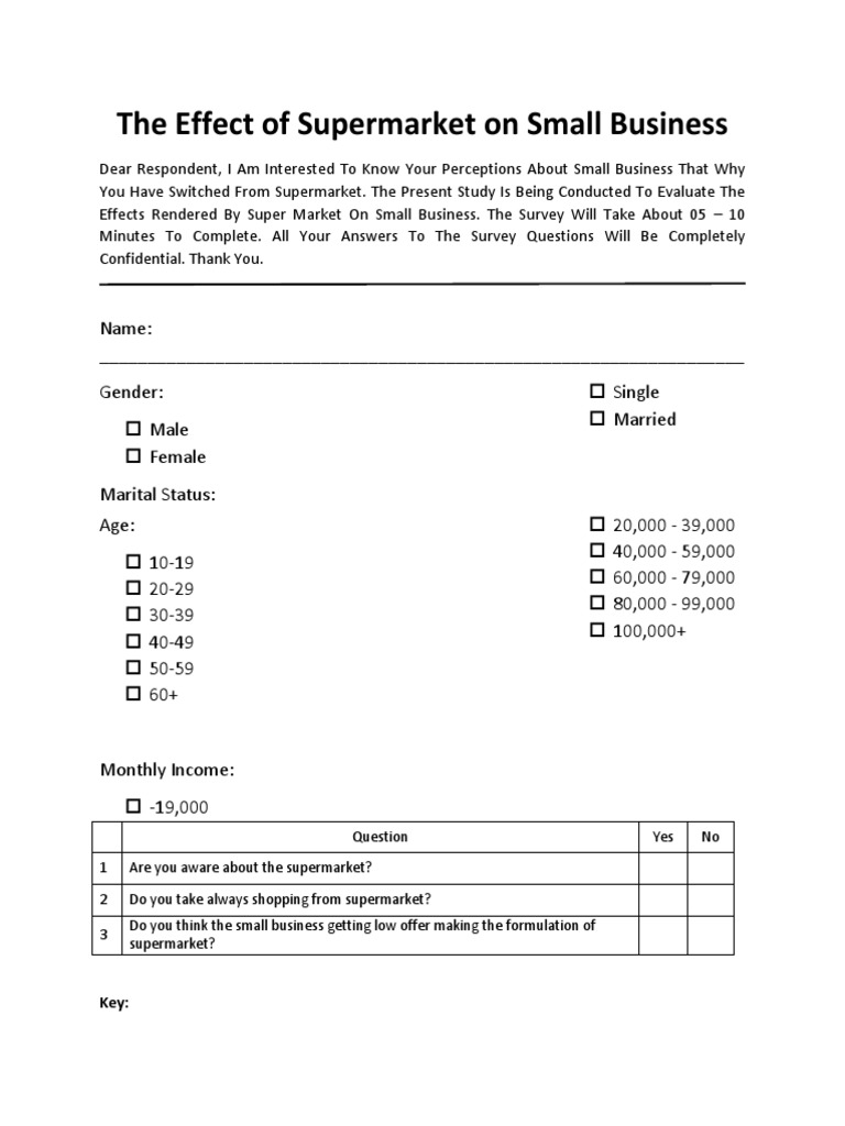 Supermarket Questionnaire | Supermarket | Small Business