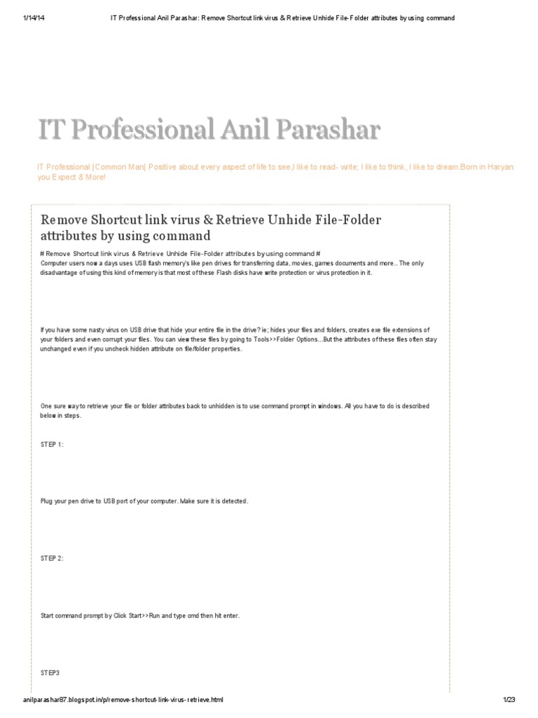 IT Professional Anil Parashar - Remove Shortcut Link Virus & Retrieve ...