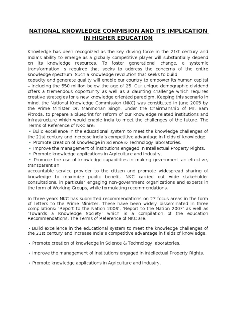 National Knowledge Commision and Its Implication in Higher Education ...