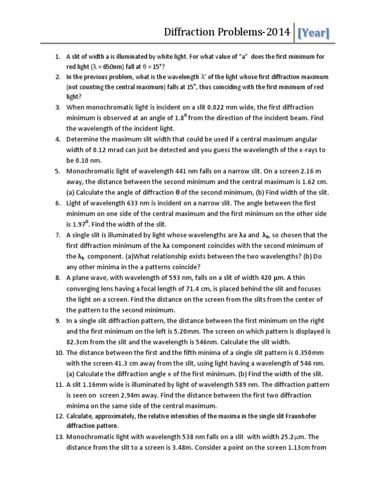 Diffraction Problems Pdf Diffraction Wavelength
