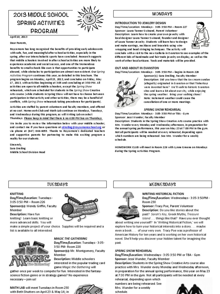 2013 Middle School Spring Activities | PDF | Schools