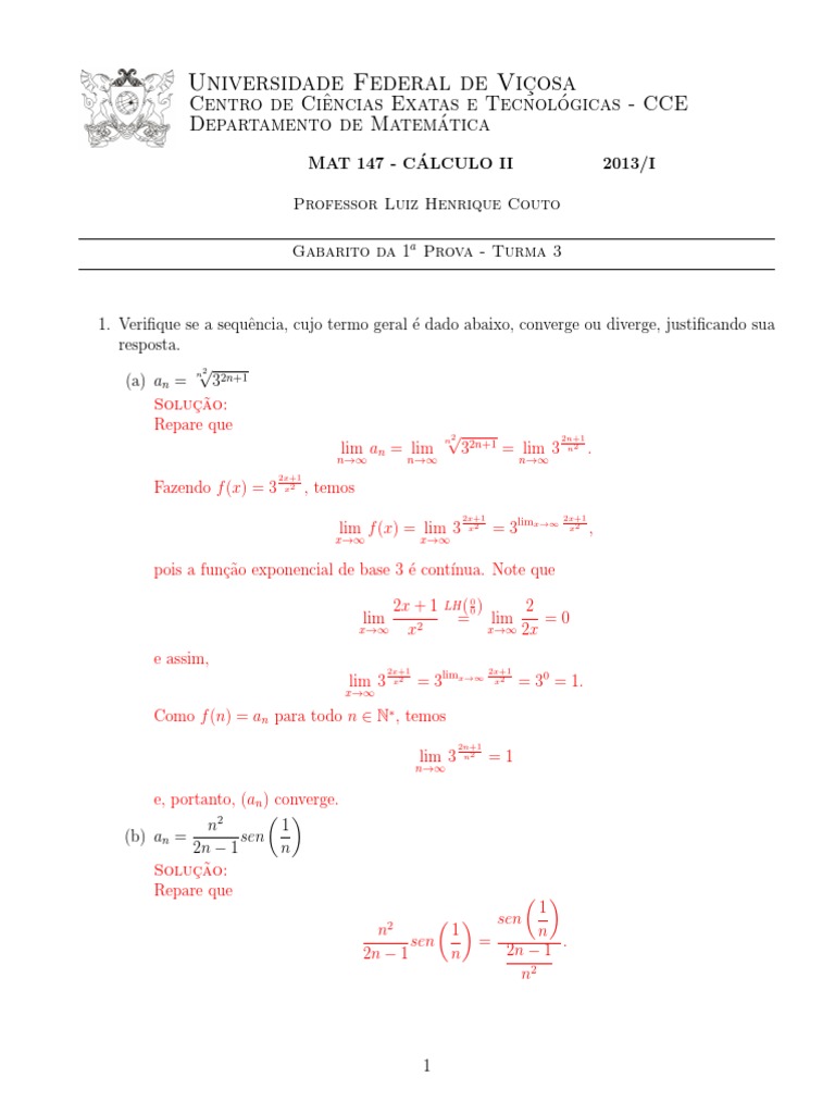 Primeira Prova MAT 147 - UFV | PDF | Análise | Objetos matemáticos