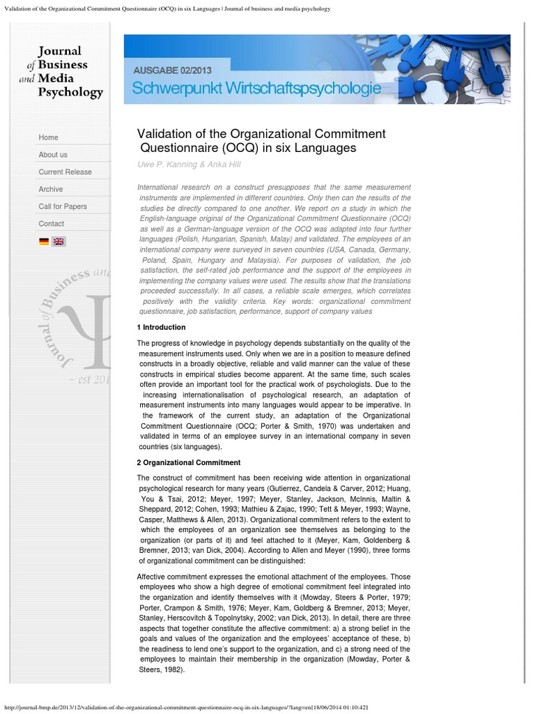 Validation of The Organizational Commitment Questionnaire (OCQ) in Six ...
