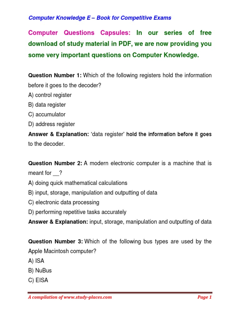 Computer Knowledge Questions Capsule Part 1 | PDF | Computer Data ...