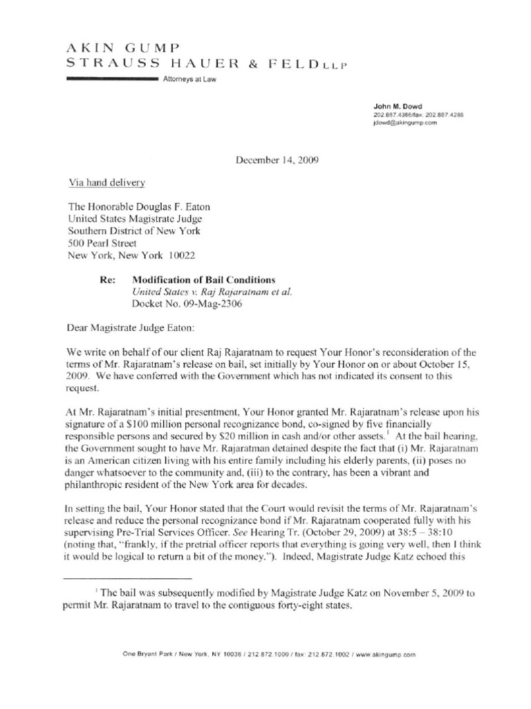 Bail Modification Letter From Raj Rajaratnam | PDF