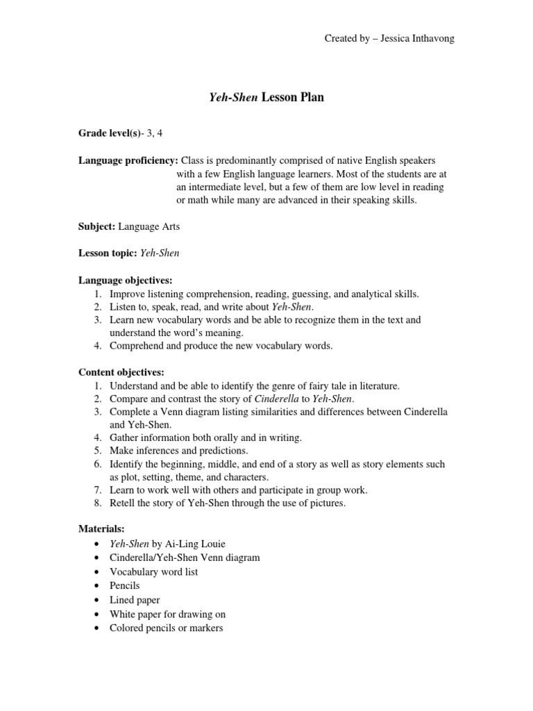 Yeh-Shen Lesson Plan | PDF | Reading Comprehension | Vocabulary