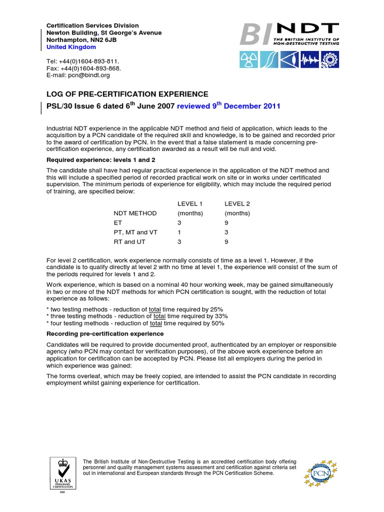 PSL-30 - Log of Pre-Cert Experience | PDF | Nondestructive Testing ...