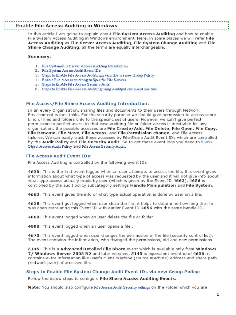 Enable File Access Auditing in Windows | PDF | Group Policy | Computer File