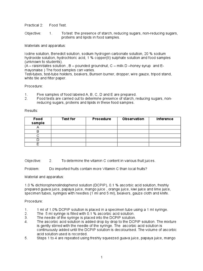 Food Sample Test For Procedure Observation Inference | PDF | Juice ...
