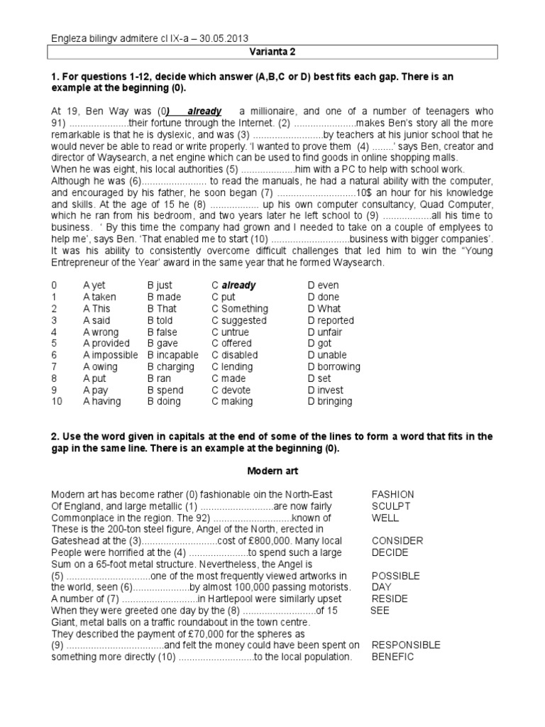 Engleza Bilingv Admitere CL IX Var.2 2013 | PDF | Mummy | Ancient Egyptian Religion