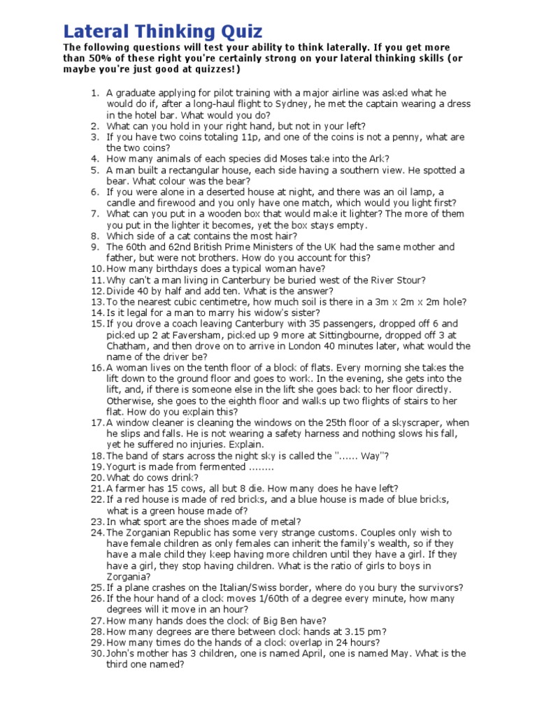 Lateral Thinking Questions | PDF | Nature