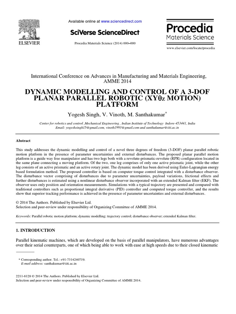 DYNAMIC MODELLING AND CONTROL OF A 3-DOF PLANAR PARALLEL ROBOTIC (XYthetaZ MOTION) PLATFORM ...