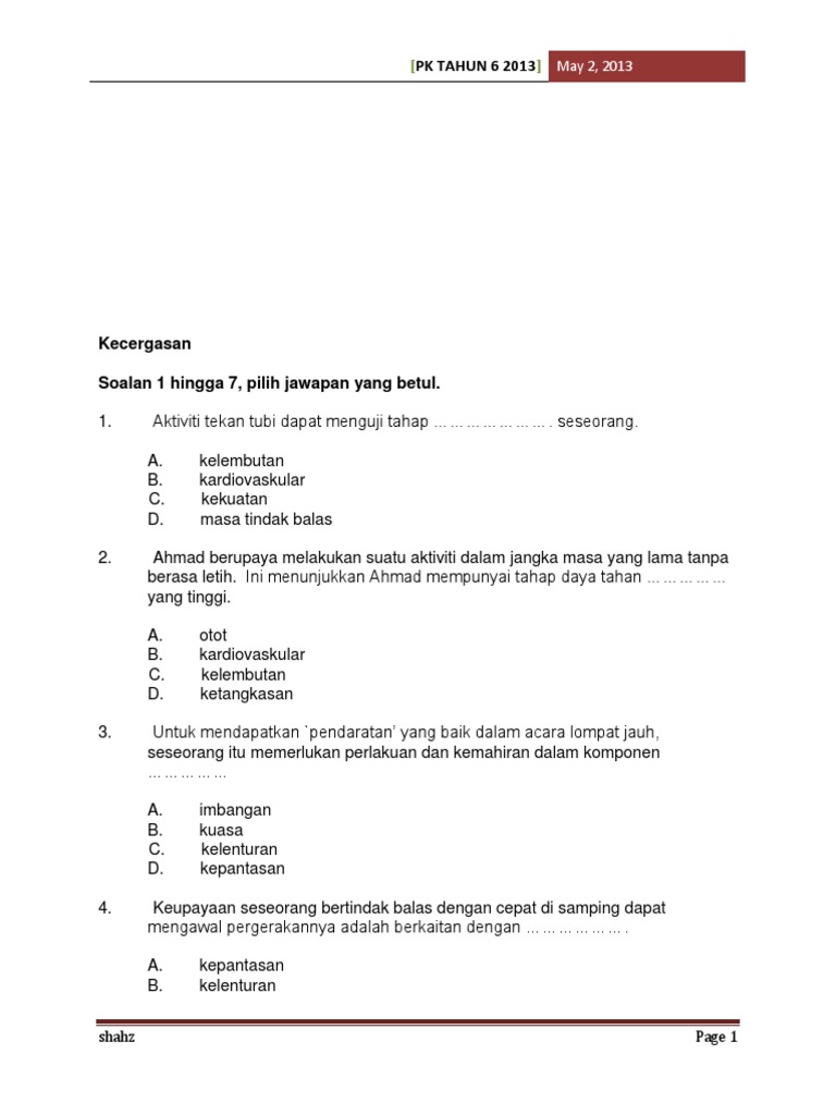 Soalan PJK Tahun6 | PDF