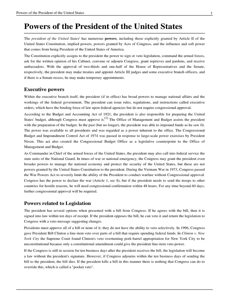 Powers of The President of The United States | PDF | Presidents Of The ...