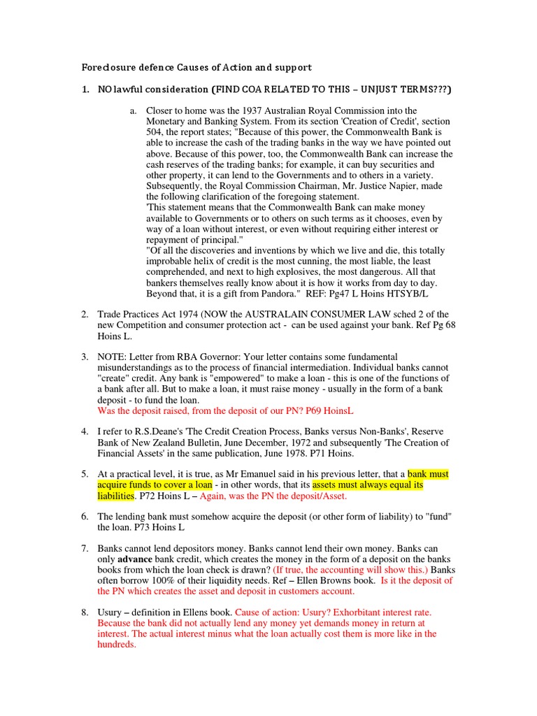 Foreclosure Defence Causes of Action Support | PDF | Rescission | Banks