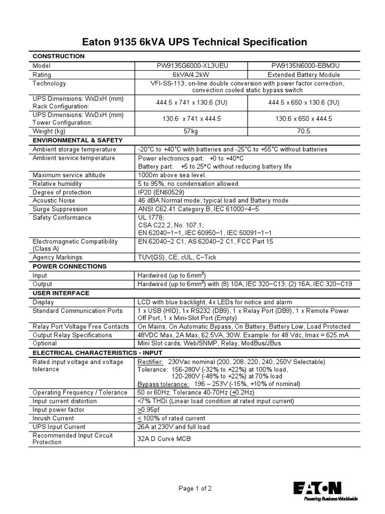 Eaton 9135 6kVA Tech Specs.323 | PDF | Battery (Electricity) | Mains ...