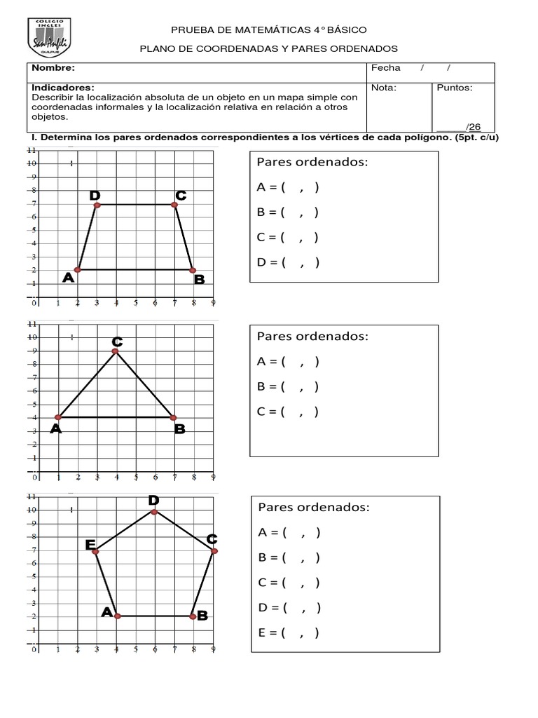 Prueba de Matemáticas 4° plano de coordenadas y pares ordenados
