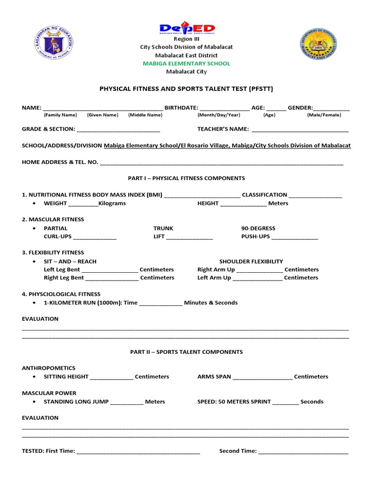 Physical Fitness and Talent Test Form | PDF | Sports & Recreation