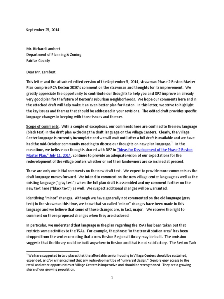 Reston 2020 Letter On Draft Phase 2 Reston Master Plan | PDF | Traffic ...