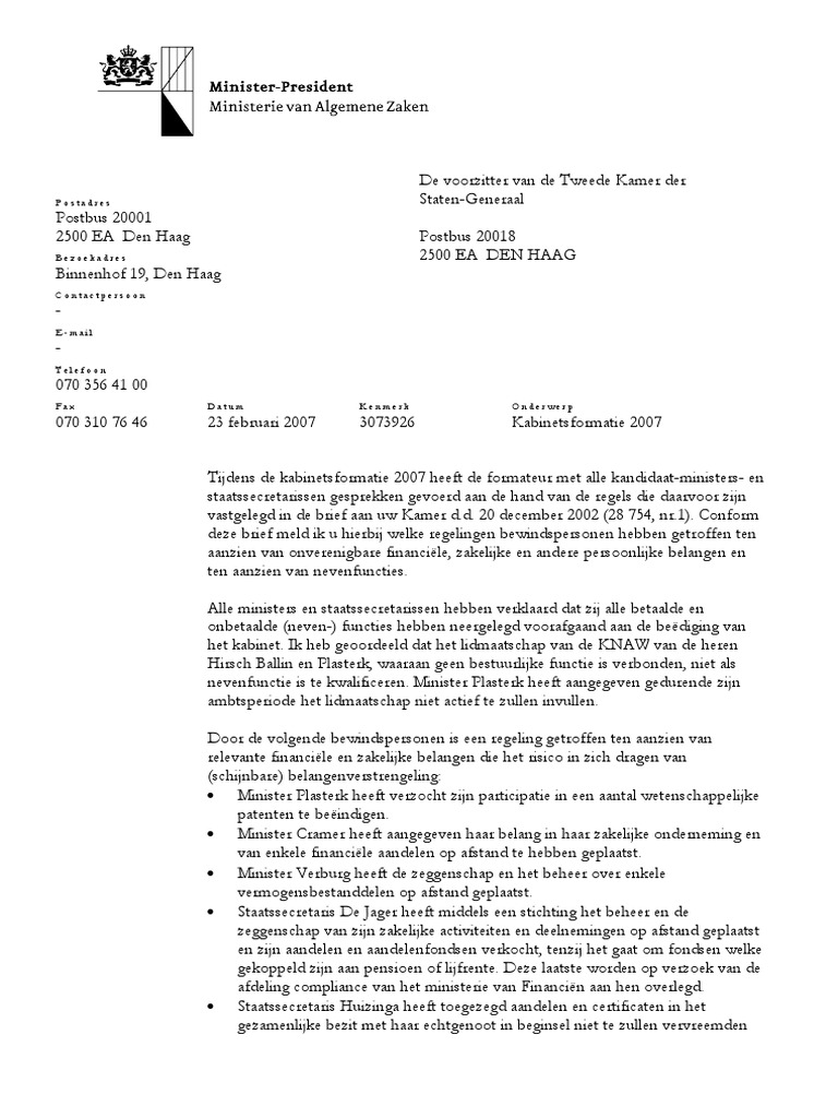 Brief van premier Balkenende aan de Tweede Kamer