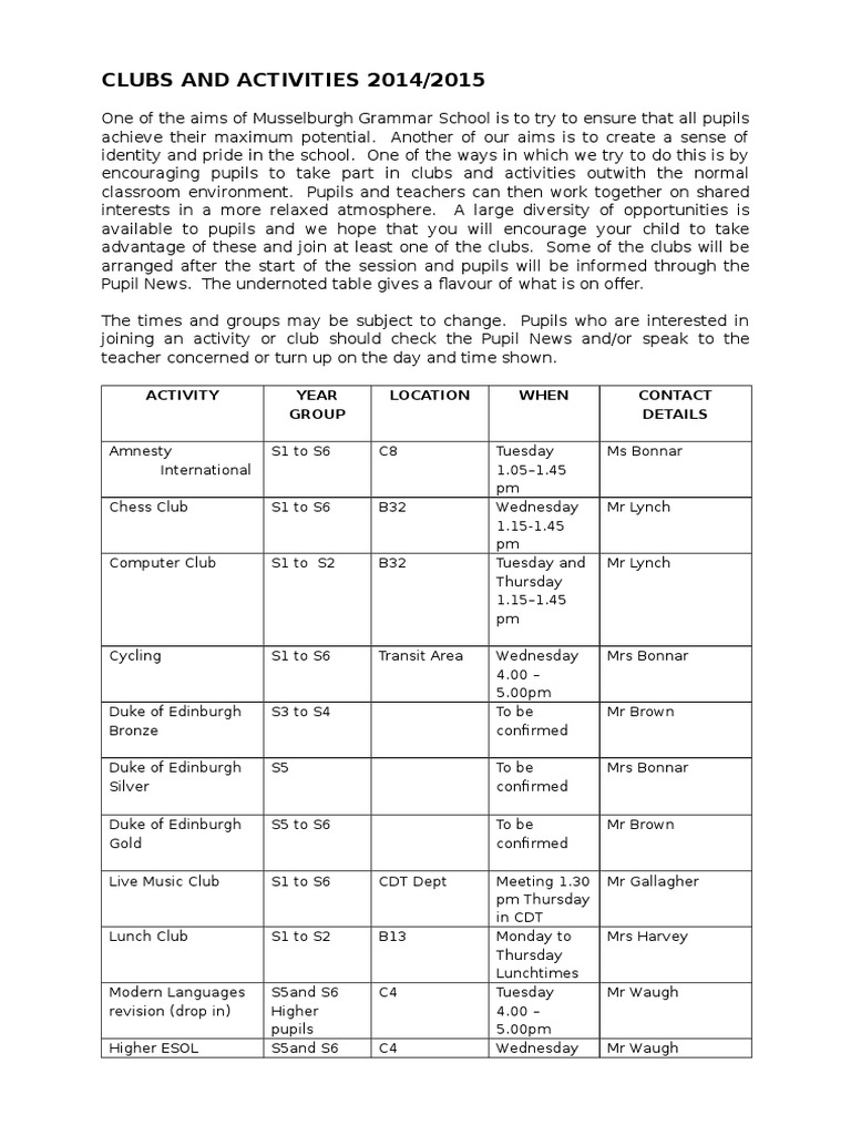 Clubs and Activities 2014-2015 | PDF | Schools | Teaching And Learning