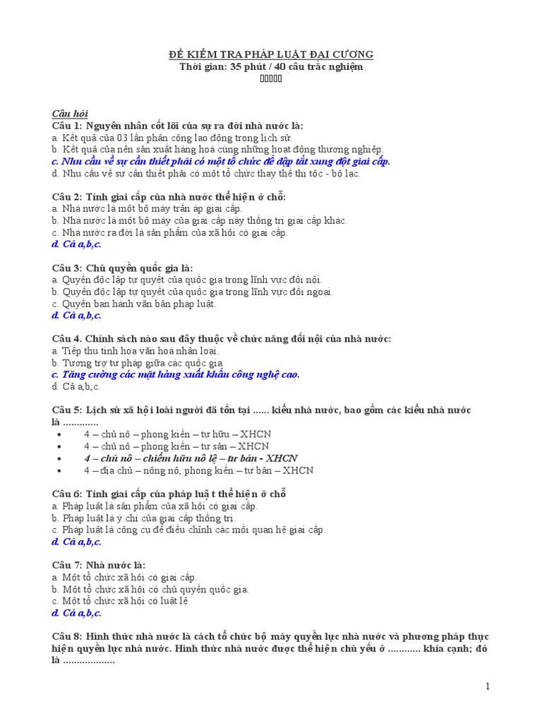De Kiem Tra Trac Nghiem Phap Luat Dai Cuong Co Dap An | PDF