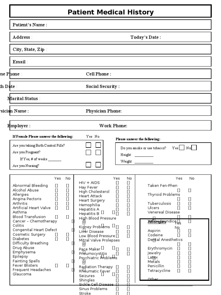 Patient Medical History | PDF | Oral Hygiene | Diseases And Disorders