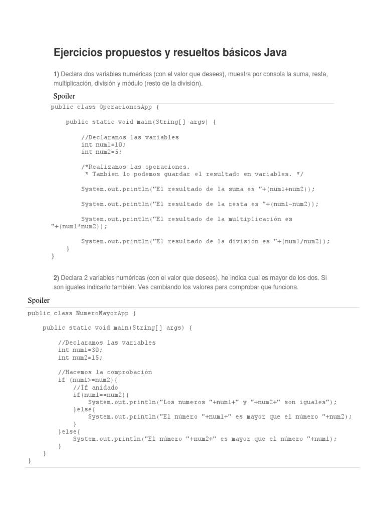 Ejercicios Propuestos y Resueltos Básicos Java - Optimizado | PDF ...