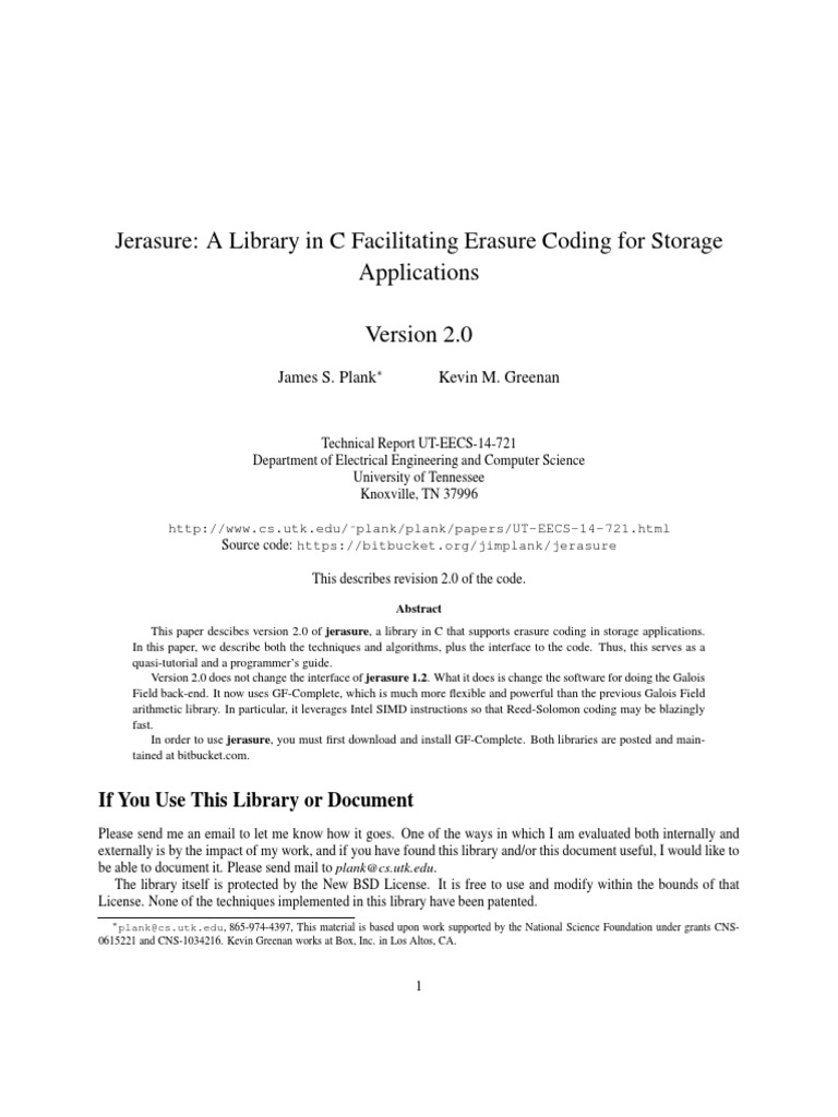 Jerasure A Library In C Facilitating Erasure Coding For Storage Applications Pdf Matrix