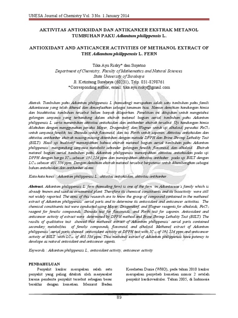 Aktivitas Antioksidan dan Antikanker Adiantum | PDF