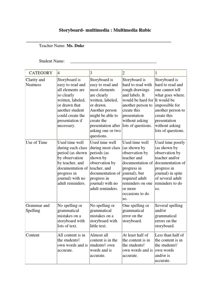 Multimedia Storyboard Rubric Guide | PDF | Career & Growth | Language ...