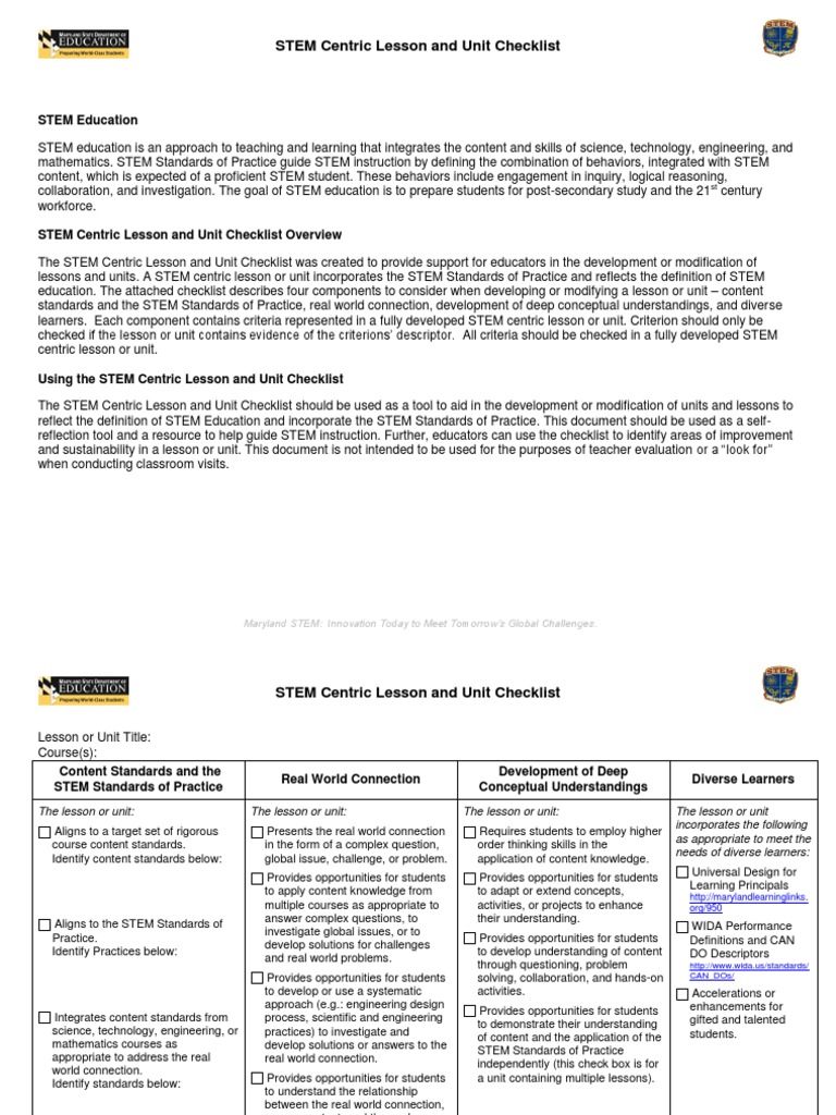 STEM Centric Unit and Lesson Checklist | PDF | Science, Technology ...