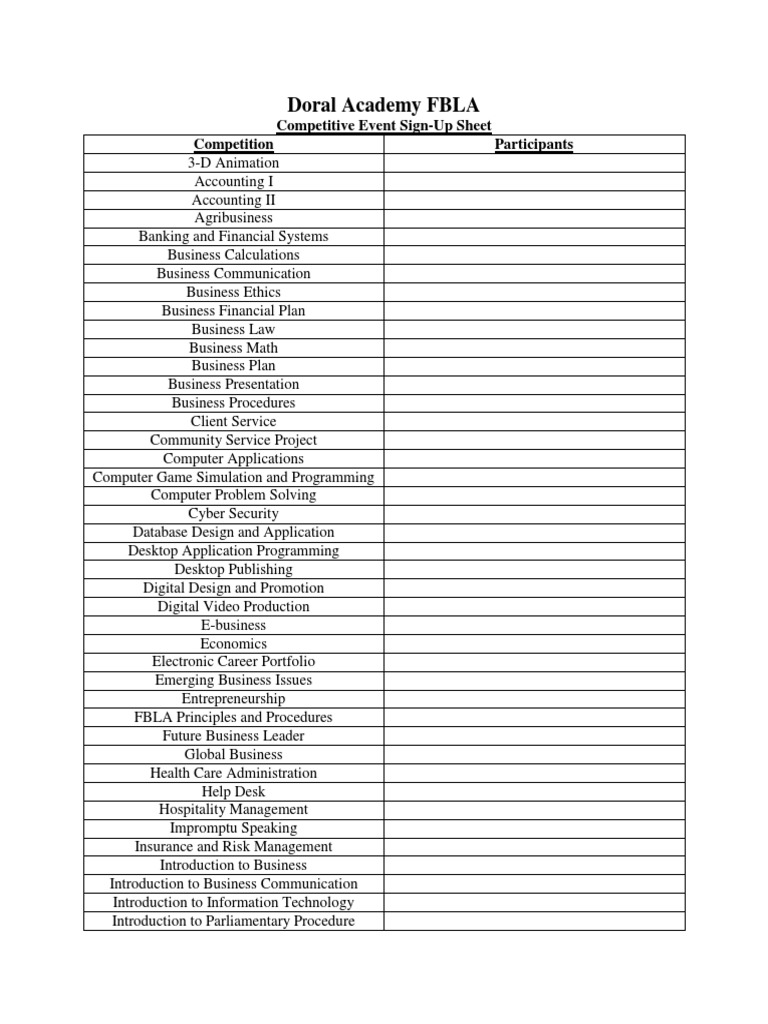 Doral Academy FBLA Event Sign-Up Sheet | PDF | Business | Technology ...
