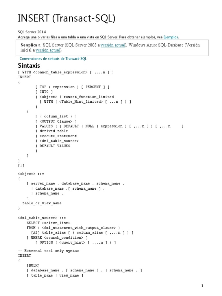 INSERT Transact SQL 2014 PDF | PDF | Servidor SQL de Microsoft | Tabla (base de datos)