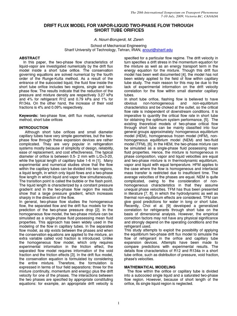 Drift Flux Model For Vapor-Liquid Two-Phase Flow Through Short Tube ...