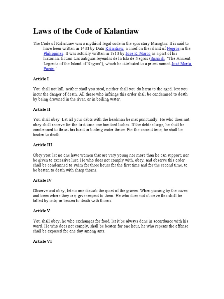 Summary of the Code of Kalantiaw | PDF | U.S. State | Legal Concepts