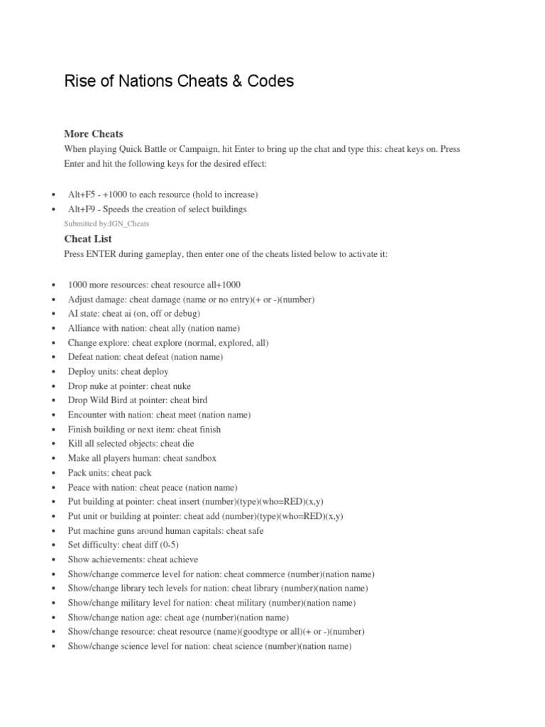 Rise of Nations Cheats & Codes | PDF | Cheating In Video Games | Pointer (Computer Programming)