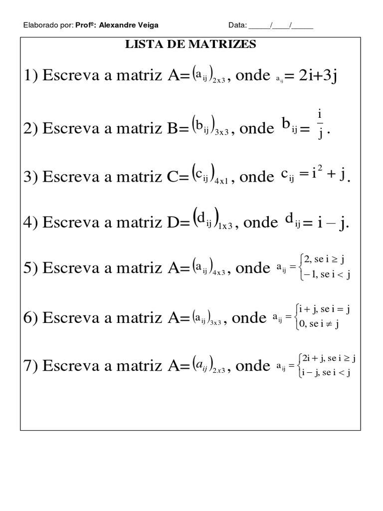 Exercícios de Matrizes - Com Gabarito | PDF