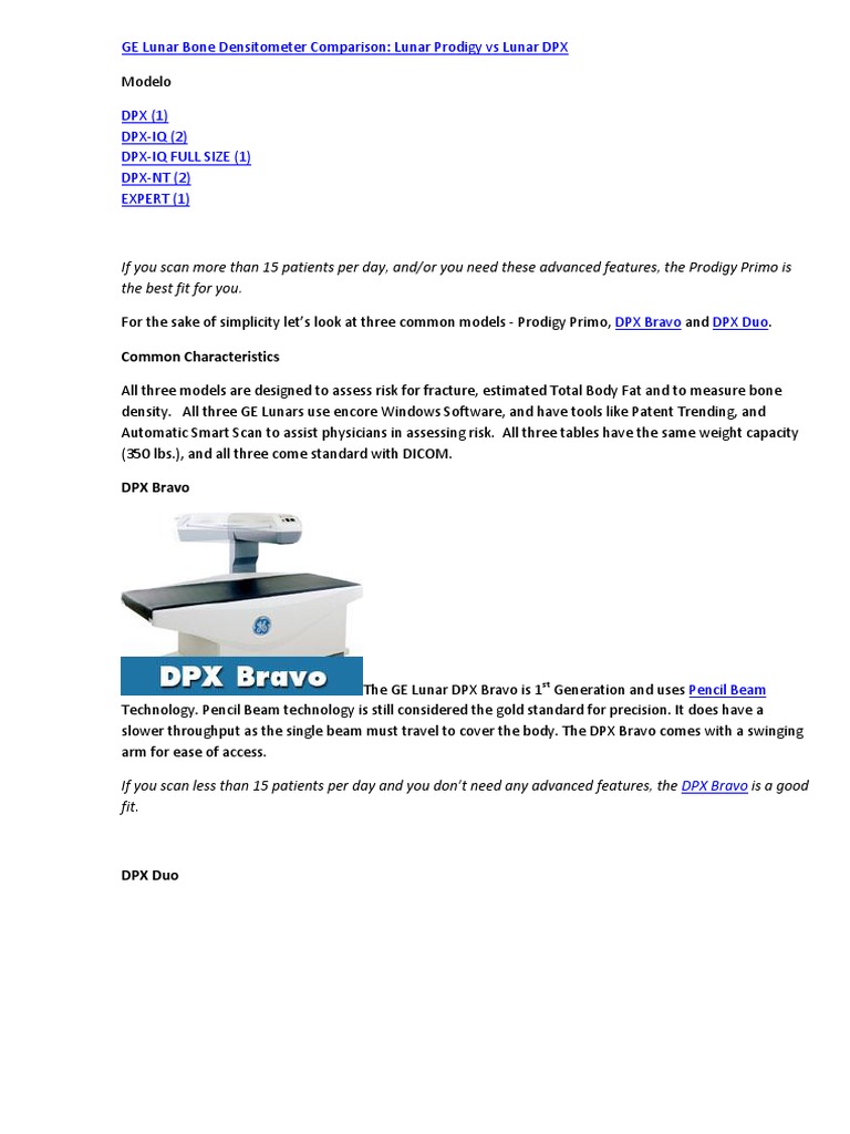 GE Lunar Prodigy vs DPX Bone Densitometers | PDF | Wellness | Medical