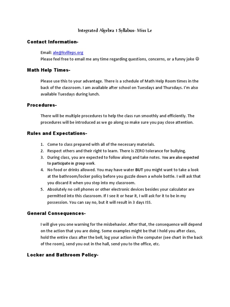Integrated Algebra 1 Syllabus Overview | PDF | Learning | Schools