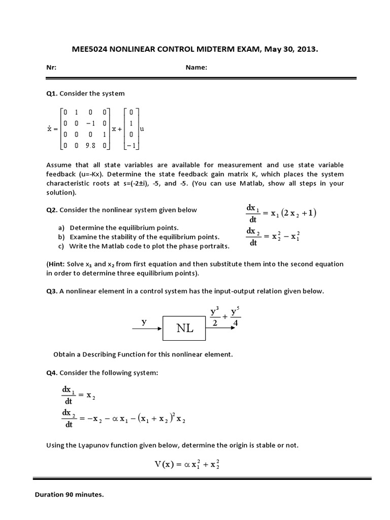 Nonlinear Control Midterm Exam | PDF