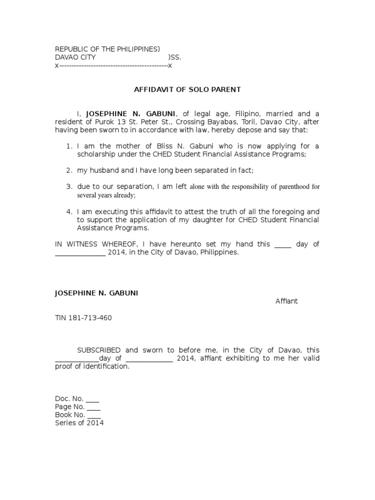 Affidavit of Solo Parent