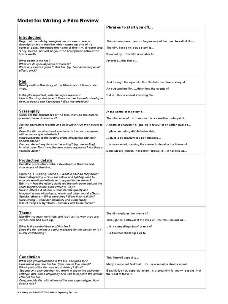 Scaffold For Film Review | PDF | Actor | Plot (Narrative)
