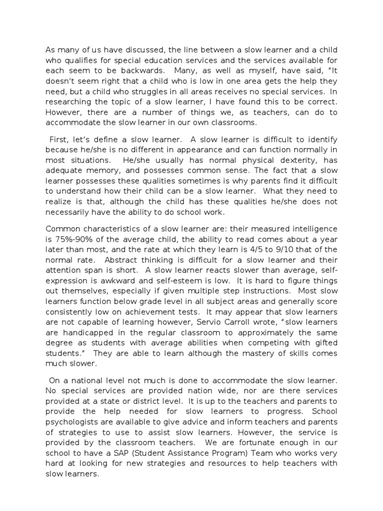 Slow Learner | PDF | Learning Disability | Dyslexia