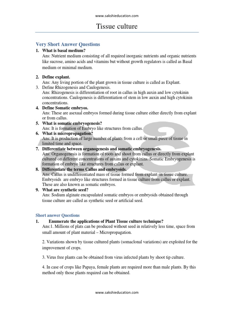 Tissue Culture: Very Short Answer Questions | PDF | Growth Medium ...