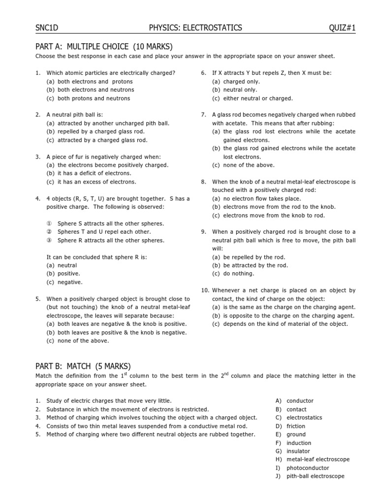 1DPHYS - QUIZ1 (Electrostatics) | PDF | Electric Charge | Electrostatics