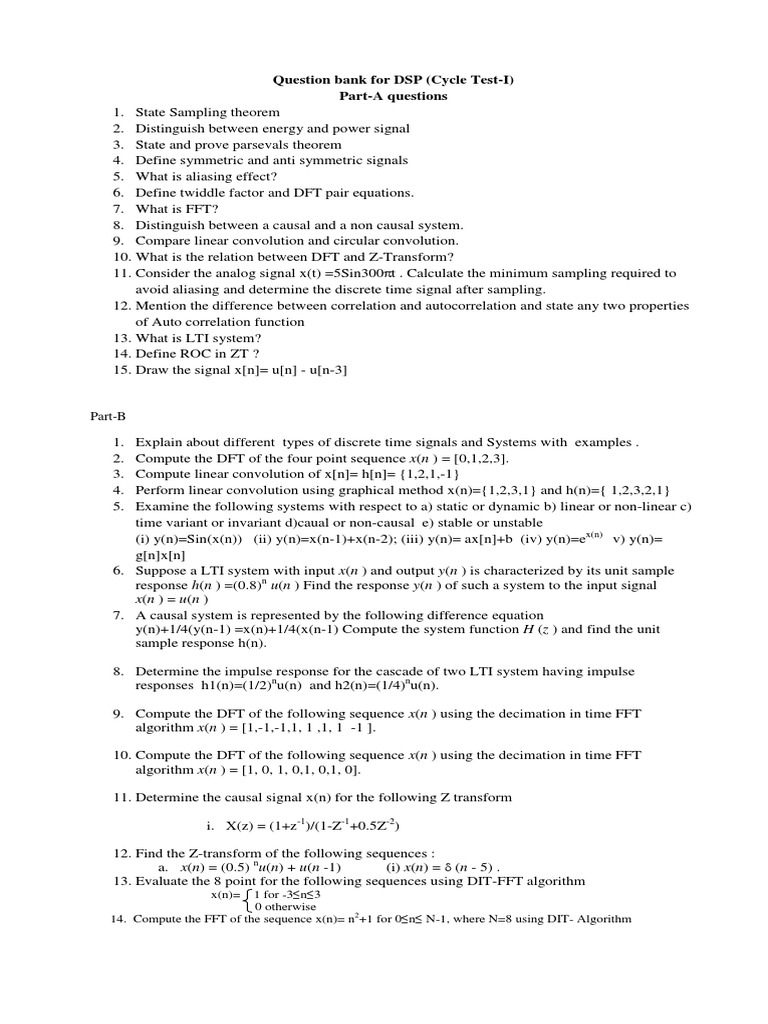 Question Bank For DSP (Cycle Test-I) Part-A Questions | PDF | Discrete ...